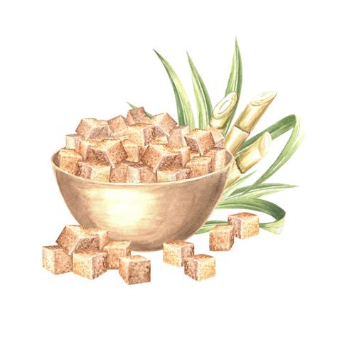 Brown Sugar Cubes In Bowl And Cut Cane Stalks Watercolor Illustration Isolated Sugar Cane Stems