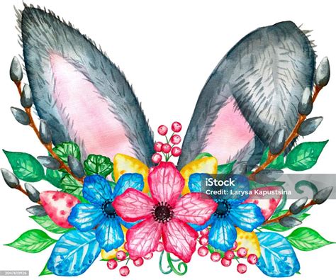 수채화 토끼 귀 그림입니다 봄 꽃다발을 가진 토끼 꽃이 피고 버드나무와 토끼 귀 부드러운 장미 가지 녹색 잎 초대장 인사말 카드 포스터에 적합 가막살나무에 대한 스톡 벡터