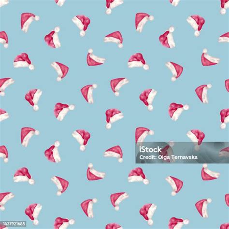 산타 클로스 모자 산타클로스 모자가 있는 매끄러운 수채화 패턴 엽서 직물 및 문구를 디자인하기 위한 크리스마스 배경 12월에 대한 스톡 벡터 아트 및 기타 이미지 Istock