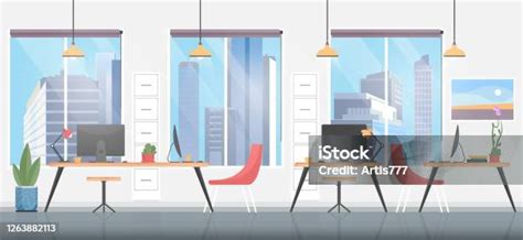 오피스룸 인테리어 플랫 벡터 일러스트레이션 현대 가구 테이블 컴퓨터 및 파노라마 창이 있는 만화 빈 창의적인 사무실 작업장 환경 사무실에 대한 스톡 벡터 아트 및 기타