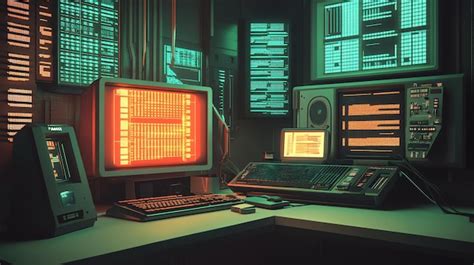 a retrofuturistic computer workstation with multiple monitors displaying code and data premium