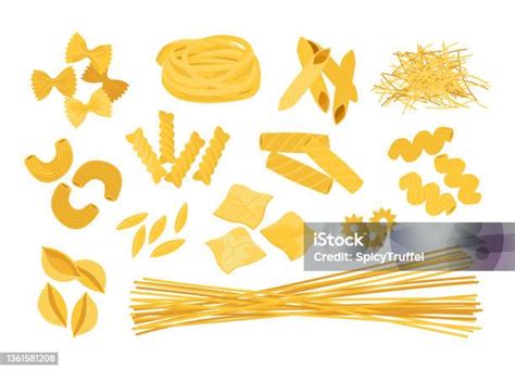 만화 파스타 낙서 마카로니 이탈리아어 로 의 다른 유형의 밀 식품 맛있는 파팔레 또는 스파게티 고립 된 타글리아텔과 카바타피 원시 Fusilli 또는 펜 벡터 밀가루 제품