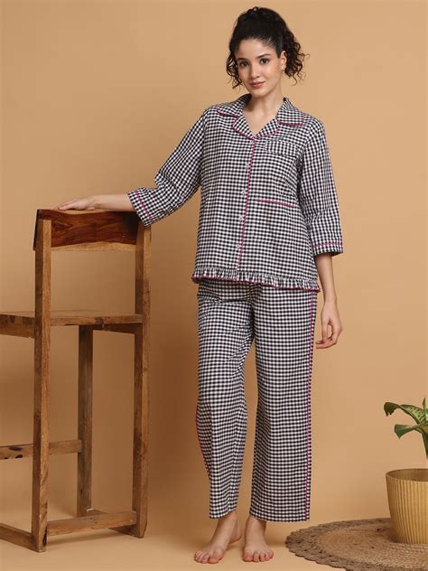 Black And White Checkered Nightwear With Pink Piping