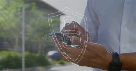 Animation Of Padlock In Shield Over Midsection Of Caucasian Man