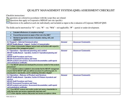 Quality Management System Qms Assessment Checklist In Word And Pdf Formats Page 5 Of 13
