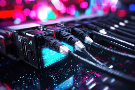 Ethernet Cables Connected To Network Switch With Neon Lights In
