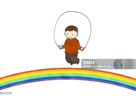 무지개에 밧줄을 건너 뛰는 아이 만화에 대한 스톡 벡터 아트 및 기타 이미지 만화 무지개 건강한 생활방식 Istock