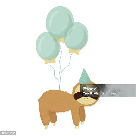 생일 나무늘보 흰색 배경에 고립 된 재미있는 모자에 풍선비행 귀여운 곰 만화 스타일의 미소 캐릭터 인사말 장식 축하 곰에 대한