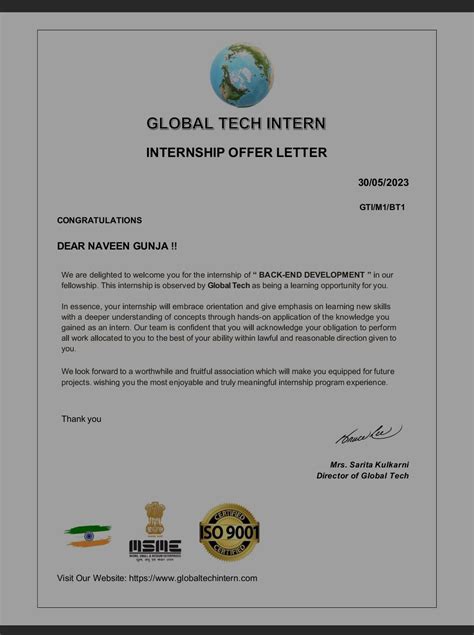 I Really Happy To Complete Global Tech Internship Naveen Kumar Gunja