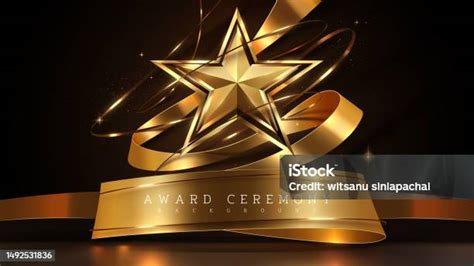 어두운 배경에 리본 장식과 빛과 보케 효과 요소가 있는 황금색 별 호화스러운 시상식 디자인 아이디어 벡터 그림입니다 금색에 대한 스톡 벡터 아트 및 기타 이미지 Istock