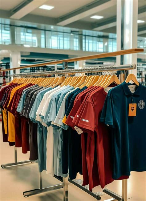 Row Of Fashionable Polo T Shirts For Man On Wooden Hanger Or Rack In A