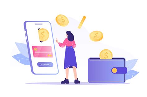 온라인 캐쉬백 개념 구매자를위한 캐쉬백을받는 젊은 여성 스마트폰에서 전자 지갑으로 동전 또는 송금 온라인 뱅킹 비용 절감 환불 격리 벡터 일러스트레이션 Brand Name