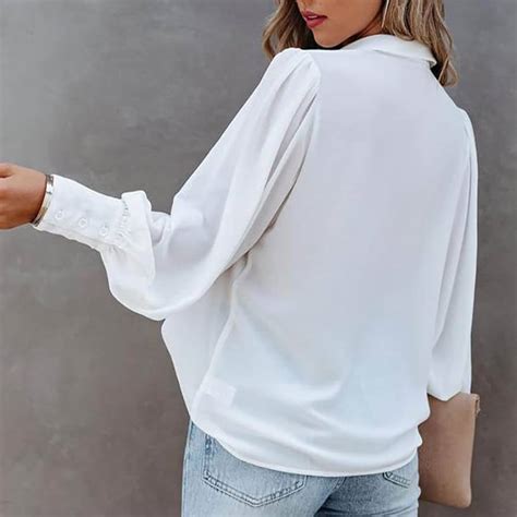 White Polyester Blouse Long Sleeve Womens Long Sleeve Satin Tie