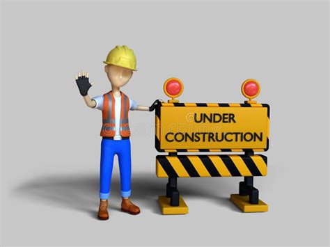 3d Render Illustration Cute Character Worker And Under Construction Stock Illustration