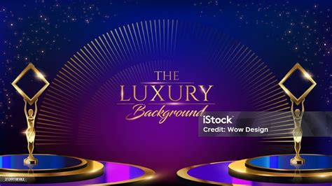 골든 블루 어워드 배경입니다 희년의 밤 장식 초대장 스포트라이트가 있는 무대 플랫폼 결혼식 엔터테인먼트 할리우드 볼리우드 나이트 우아한 고급 계단 바닥 강단에 대한 스톡