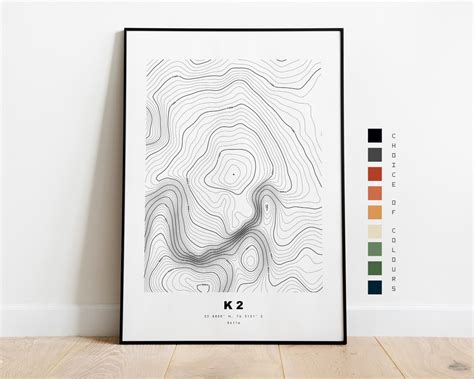 K2 Print Contour Map Eight Thousander Topographic Map Print Wall Art K2 Map Poster