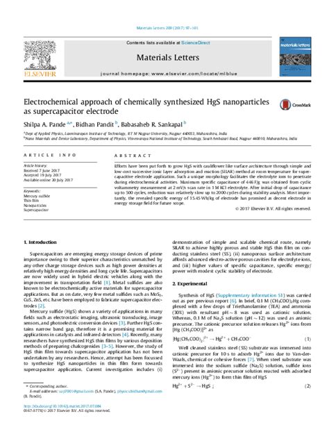 Pdf Electrochemical Approach Of Chemically Synthesized Hgs Nanoparticles As Supercapacitor