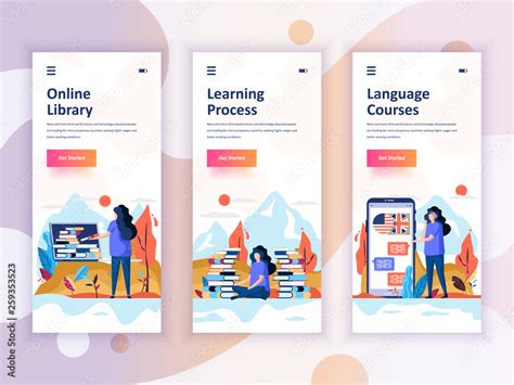 Set Of Onboarding Screens User Interface Kit For Library Learning Language Courses Mobile App