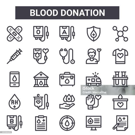 헌혈 개요 아이콘 세트 밴드 원조 주사기 구급차 수혈 정보 혈액 형 등록 청진기와 같은 얇은 선 아이콘이 포함되어 있습니다 보고서 프레젠테이션 아이콘에 대한 스톡 벡터 아트