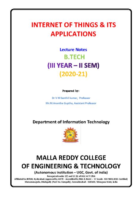 Io T Applications Digital Notes INTERNET OF THINGS ITS APPLICATIONS Lecture Notes B Studocu