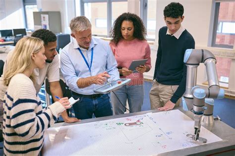 Group Of College Or University Engineering Students In Robotics Class With Male Teacher Stock
