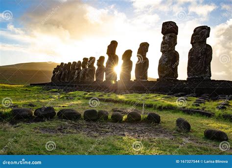 Top View Of Ahu Tongariki Moai Platform In The Distance Stock