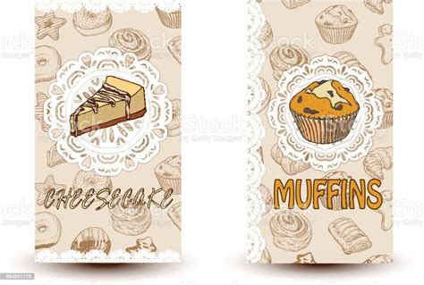 치즈 케이크와 머핀 손으로 그린 벡터 일러스트 레이 션 파이와 홍보 브로슈어입니다 베이커리가 게 레스토랑 안내 책자 전단지 카페 배달 메뉴에 대 한 완벽 한 과일에 대한