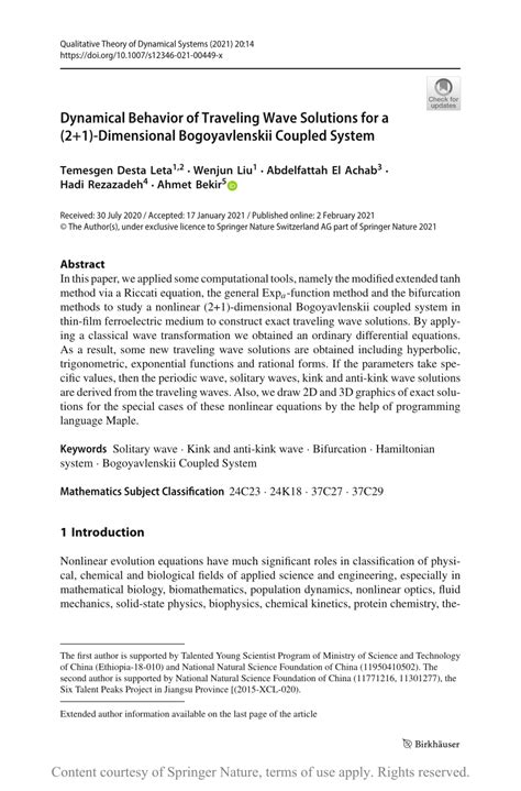 Dynamical Behavior Of Traveling Wave Solutions For A 21 Dimensional