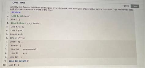 solved question 6 5 points saved identify the syntax