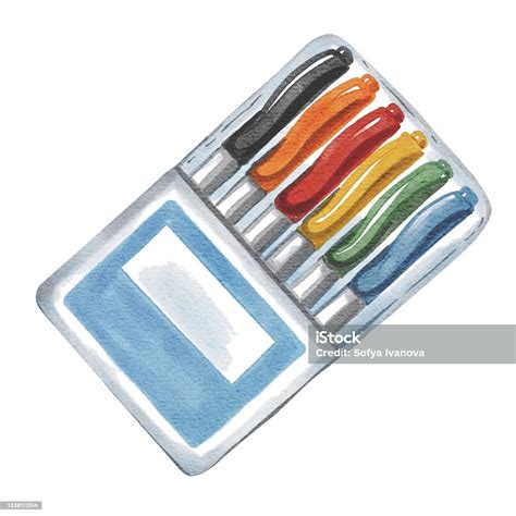 컬러 젤 펜의 수채화 포장을 손으로 그리기 흰색 배경에 고립 된 무료 손 아쿠아렐 일러스트 레이션 포스터 인쇄 디자인 어린이 책 교육에 사용 젤 팩에 대한 스톡 벡터 아트