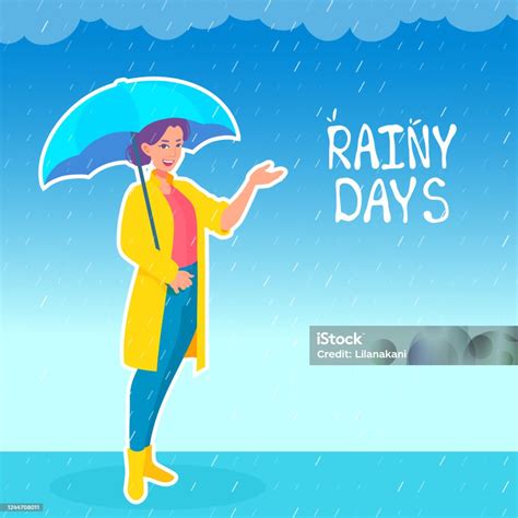 비 아래 서서 우산을 들고 손으로 무언가를 보여주는 한 여성 예보자 비오는 일기 예보 소녀 아나운서 가공의 인물에 대한 스톡 벡터 아트 및 기타 이미지 Istock