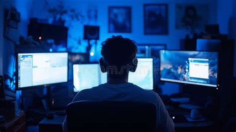 Man Sitting In Front Of Multiple Computer Screens In A Dark Room Stock