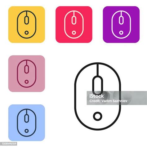 흰색 배경에 격리 된 검은 줄 컴퓨터 마우스 아이콘 휠 기호가 있는 광학 색상 정사각형 단추로 아이콘을 설정합니다 벡터 검은색에 대한 스톡 벡터 아트 및 기타 이미지