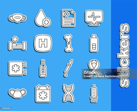 라인 주사기 인식 리본 디지털 온도계 환자 기록 병원 간판 침대 의료 보호 마스크 및 인간 부러진 뼈 아이콘을 설정합니다 벡터 건강 진단에 대한 스톡 벡터 아트 및 기타