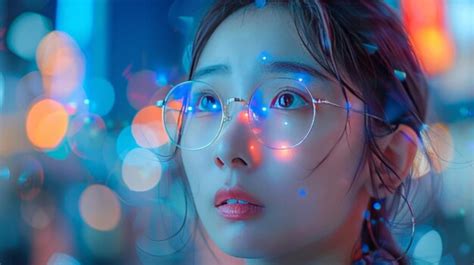 premium photo data reflecting on eyeglasses on womans face computrer