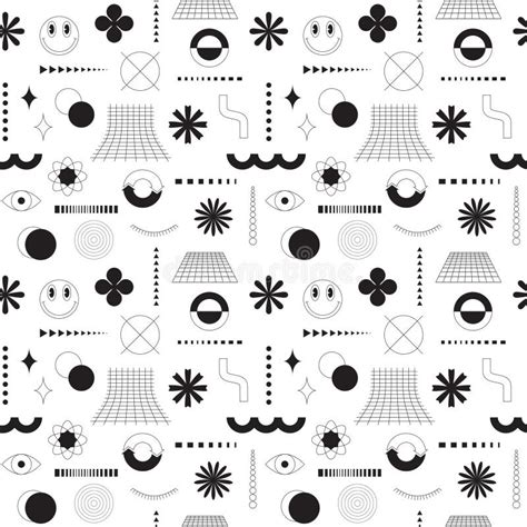 Black And White Seamless Pattern With Abstract Geometric Bold Linear Shapes Grid Smiling