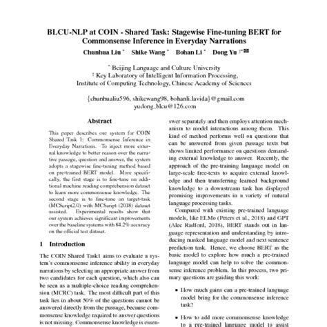 Blcu Nlp At Coin Shared Task1 Stagewise Fine Tuning Bert For Commonsense Inference In Everyday