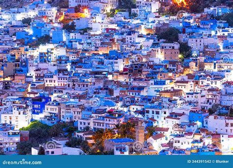 Chefchaouen Morocco Blue City In Night Lights Of The Old Walled City