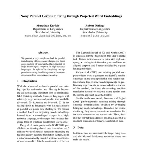 Noisy Parallel Corpus Filtering Through Projected Word Embeddings Acl Anthology