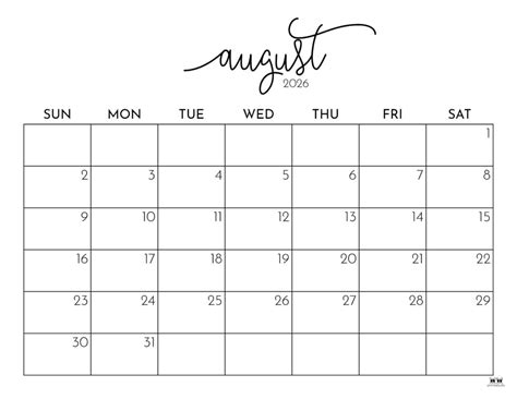 Blank August 2026 Calendar Printable Pdf
