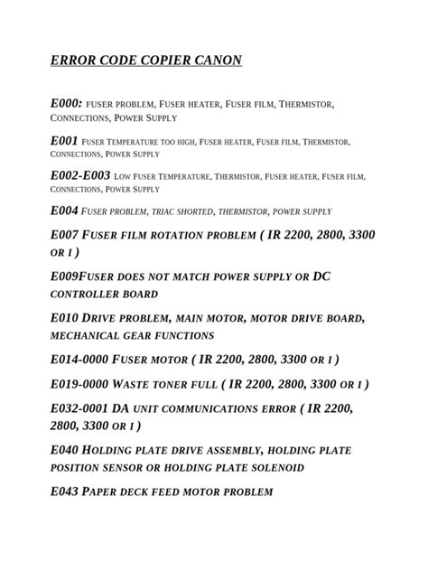 Canon Copier Error Codes Explained Pdf Computer Engineering Computing