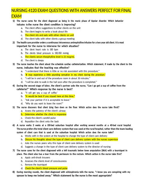 Nursing 4120 Exam Questions With Answers Exams Nursing Docsity