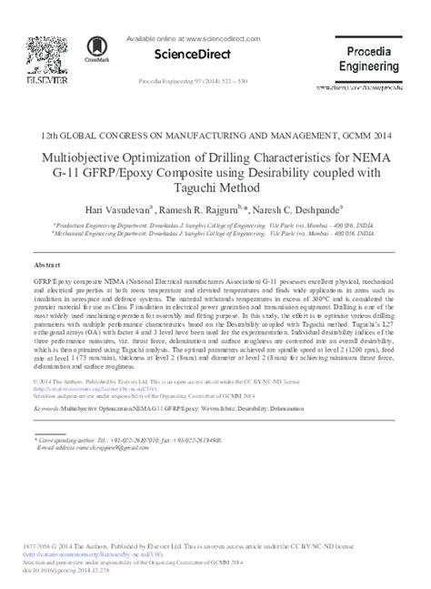 Pdf Multiobjective Optimization Of Drilling Characteristics For Nema G 11 Gfrp Epoxy Composite