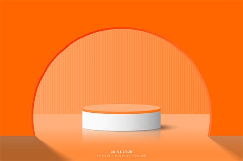 추상적인 주황색 3d 실린더 연단 받침대 또는 제품 디스플레이 스탠드는 문 반원 모양과 수직 배경이 있습니다 화장품 디스플레이
