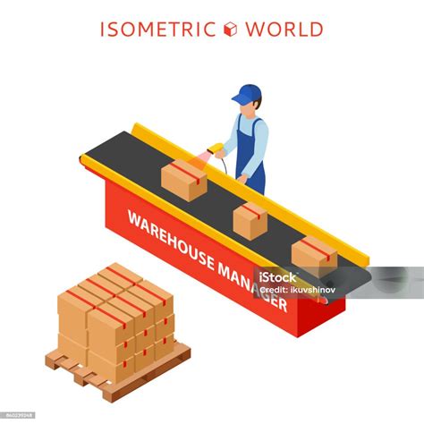 ผู้จัดการคลังสินค้าหรือพนักงานคลังสินค้าที่มีเครื่องสแกนบาร์โค้ดตรวจสอบสินค้าบนสายพาน ภาพประกอบ