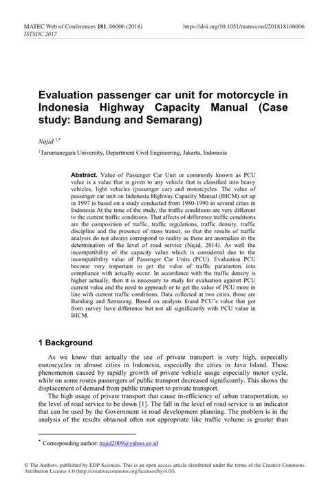 Pdf Evaluation Passenger Car Unit For Motorcycle In Indonesia Highway Capacity Manual Case
