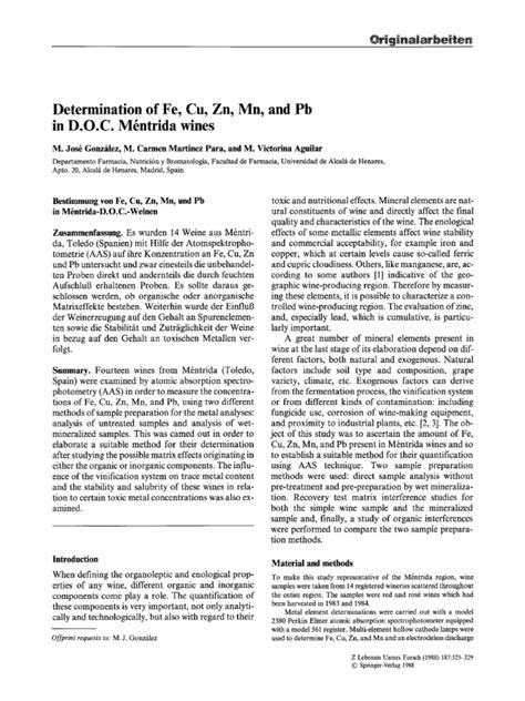 Determination Of Fe Cu Zn Mn And Pb In D O C Mu00e9ntrida Wines Pdf Winemaking