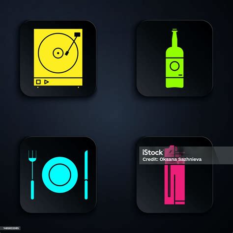 라이터 비닐 디스크 플레이트 포크 및 나이프 맥주병이 있는 비닐 플레이어를 설정하십시오 검은색 사각형 버튼입니다 벡터 Dj에 대한 스톡 벡터 아트 및 기타 이미지 Istock