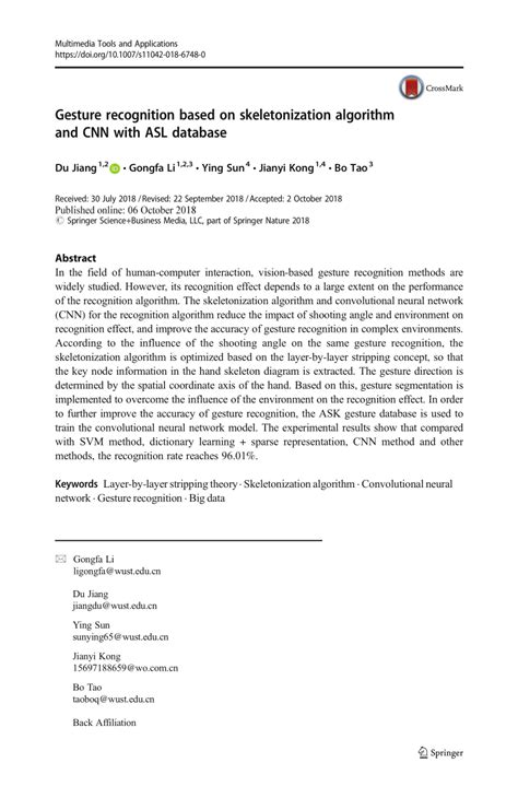 Pdf Gesture Recognition Based On Skeletonization Algorithm And Cnn