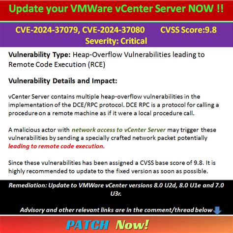 Cve 2024 37079 And Cve 2024 37080 Cvss Base Score 9 8 Update Your Vmware Vcenter Server Now